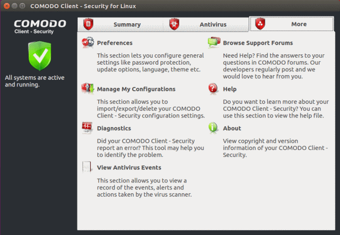 Comodo Client Security More Options - Introduction, Virus Scanner|Comodo Client Security for Linux
